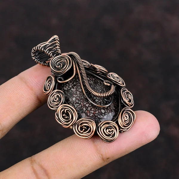 Dinosaur Bone Oval Brown Handmade Copper Wire Wrapped Pendant