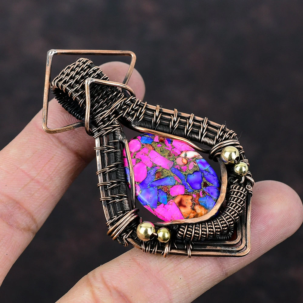 Natural Kingman Pink Dahlia Turquoise Oval Pink Handmade Copper Wire ...