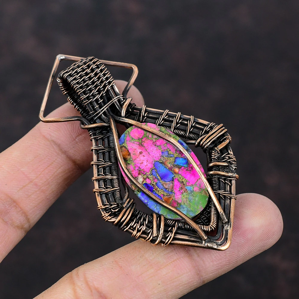 Natural Kingman Pink Dahlia Turquoise Oval Pink Handmade Copper Wire ...