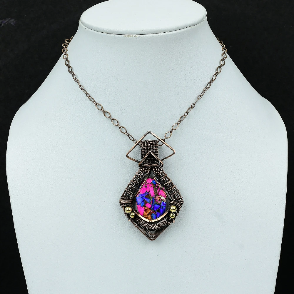 Natural Kingman Pink Dahlia Turquoise Oval Pink Handmade Copper Wire ...