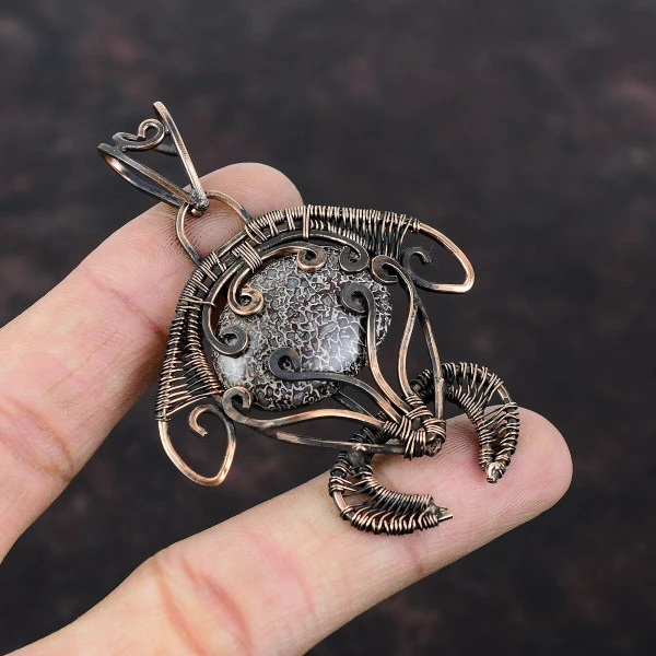 Dinosaur Bone Oval Brown Handmade Copper Wire Wrapped Pendant