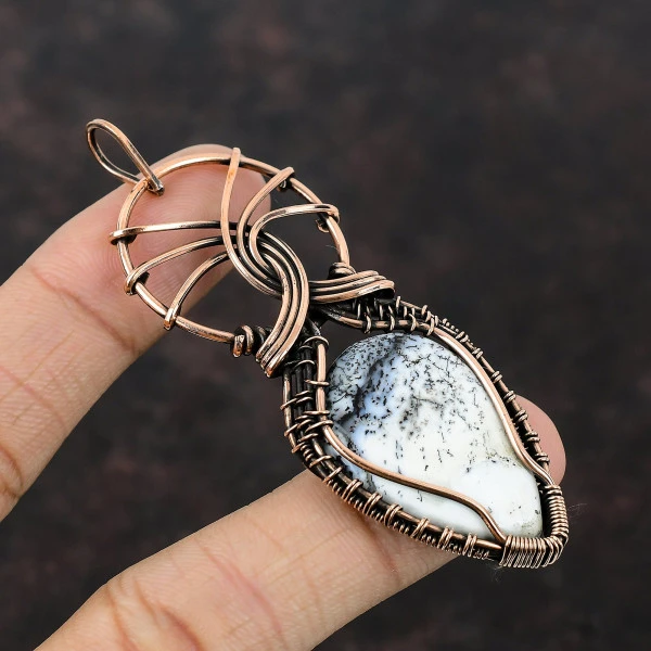 Dendrite Opal Pear White Handmade Copper Wire Wrapped Pendant